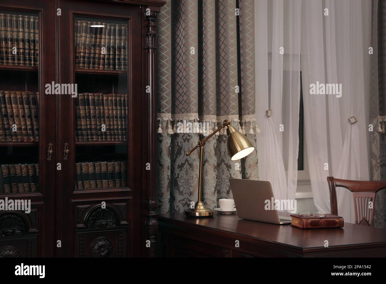 Library reading room interior with wooden bookcase and table near ...