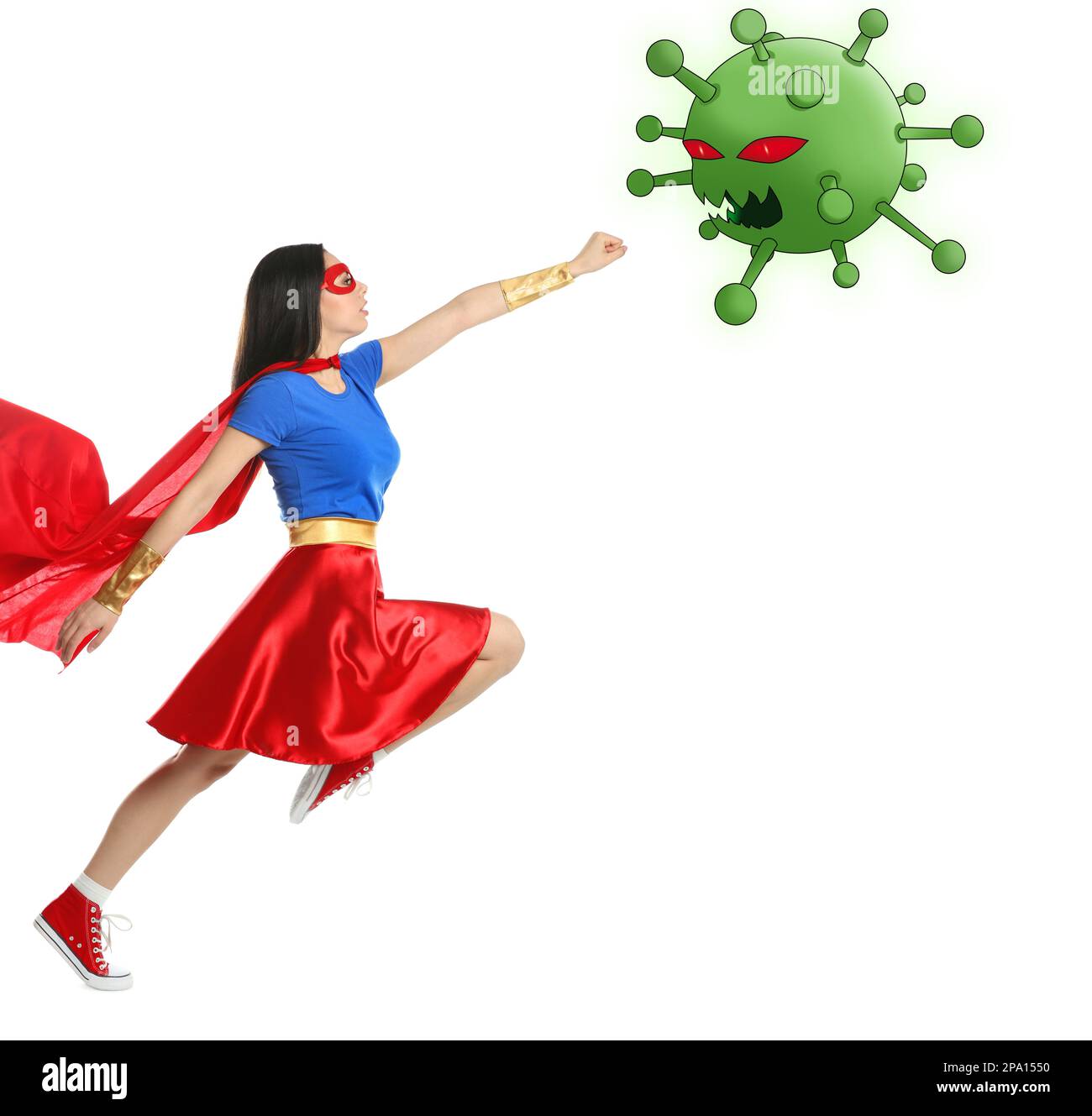 Young woman wearing superhero costume fighting against virus on white ...