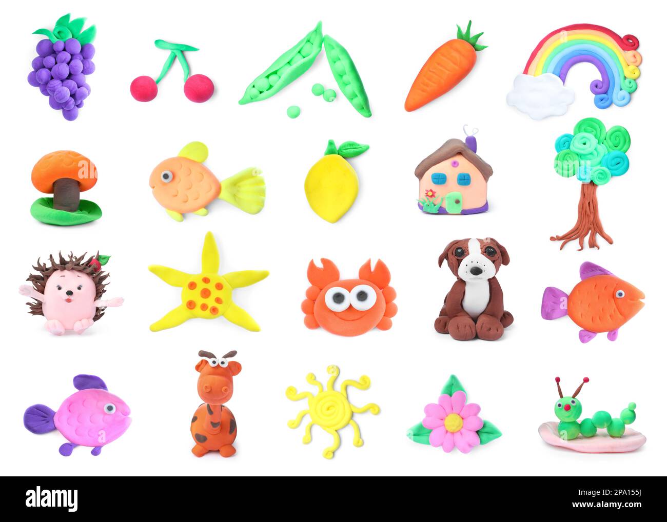 Different objects made from playdough on white background, collage ...