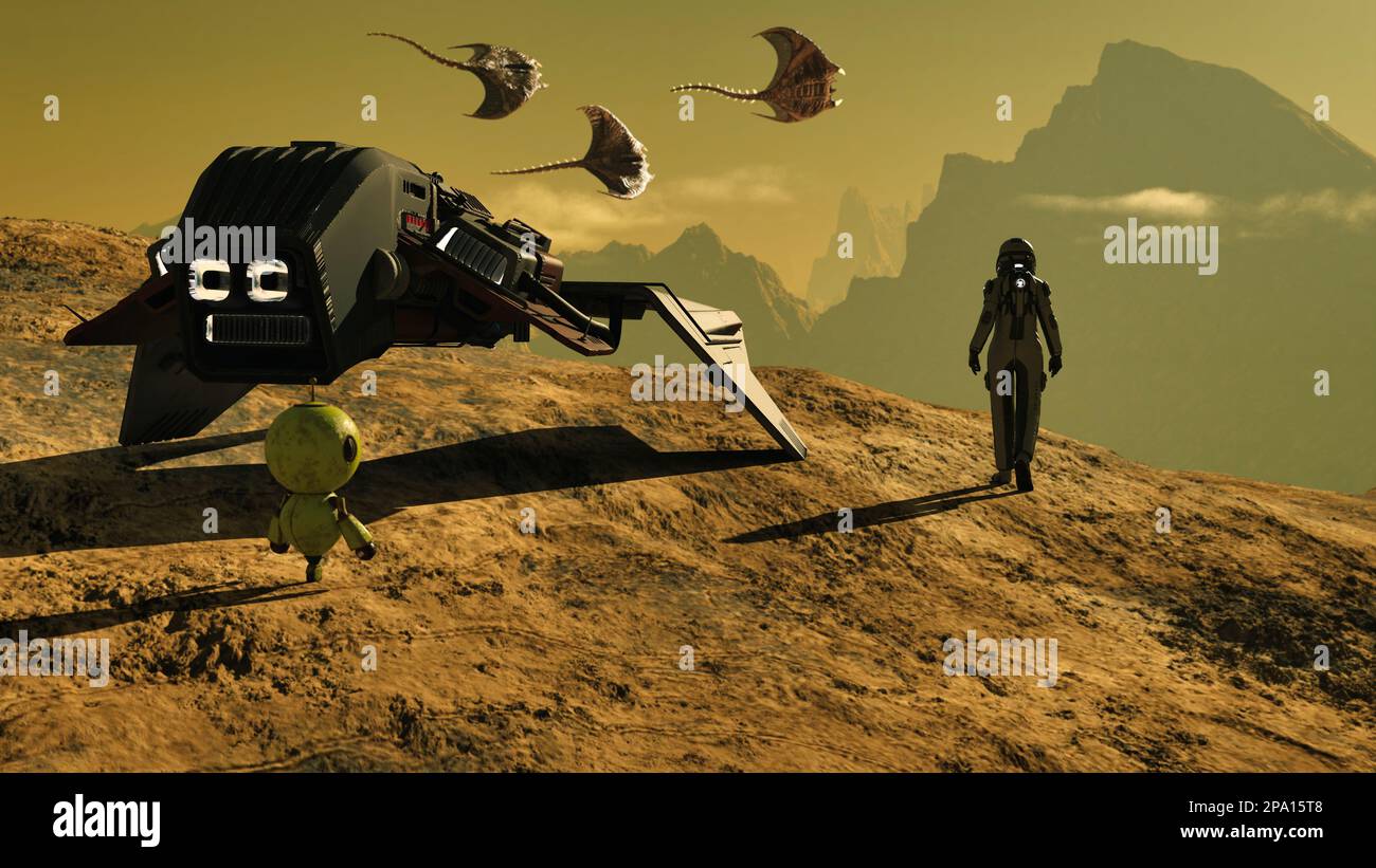 Space traveler with a small robot exploring a new planet and facing ...