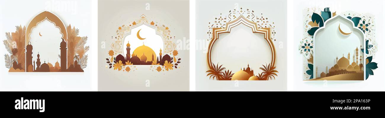 horisontal set vector illustration of islamic style mosque and crescent ...