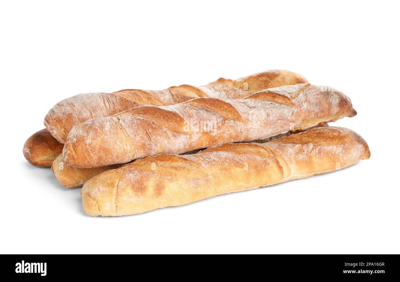 Crispy French baguettes on white background. Fresh bread Stock Photo ...