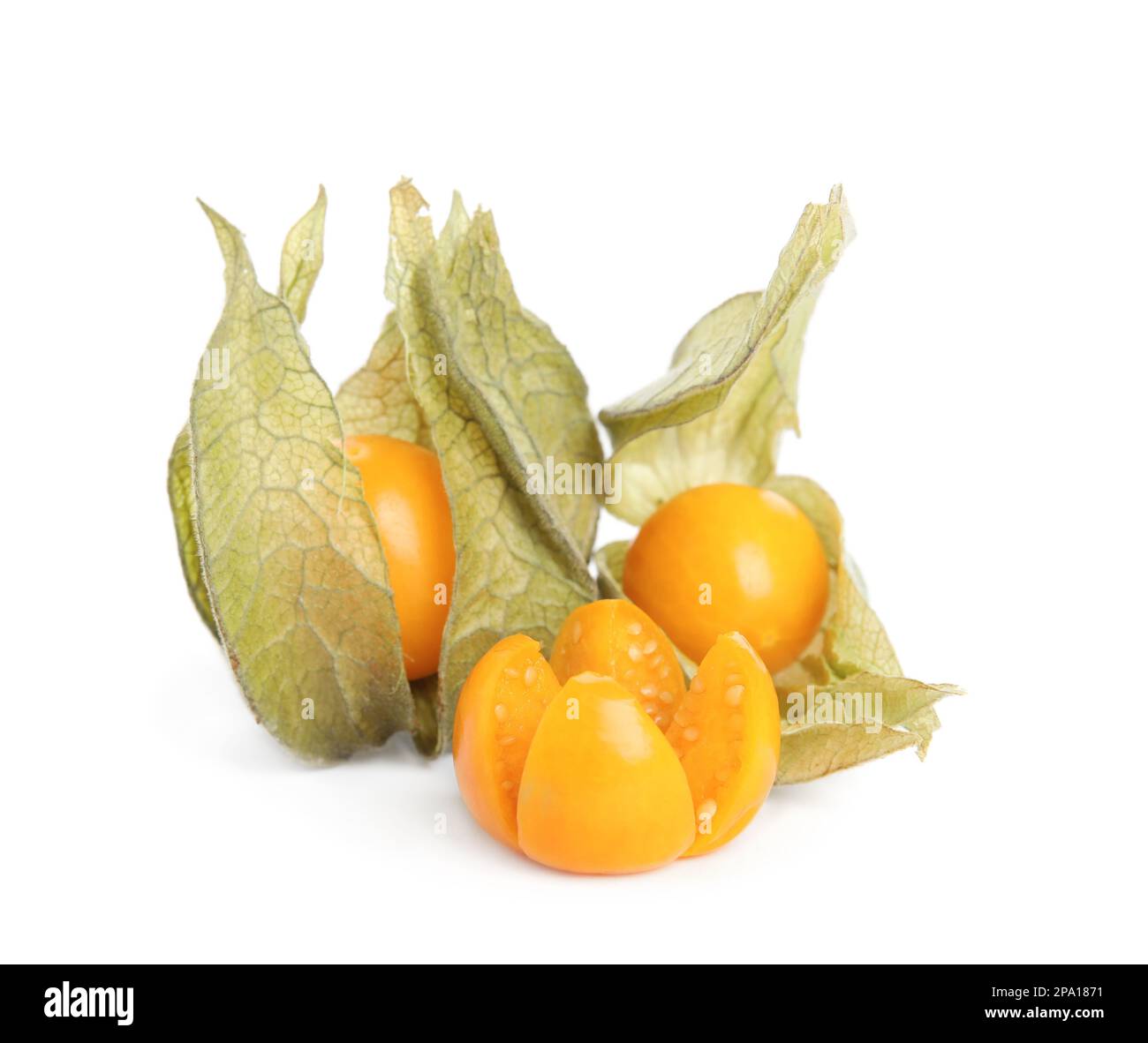 Cut and whole physalis fruits with dry husk on white background Stock ...