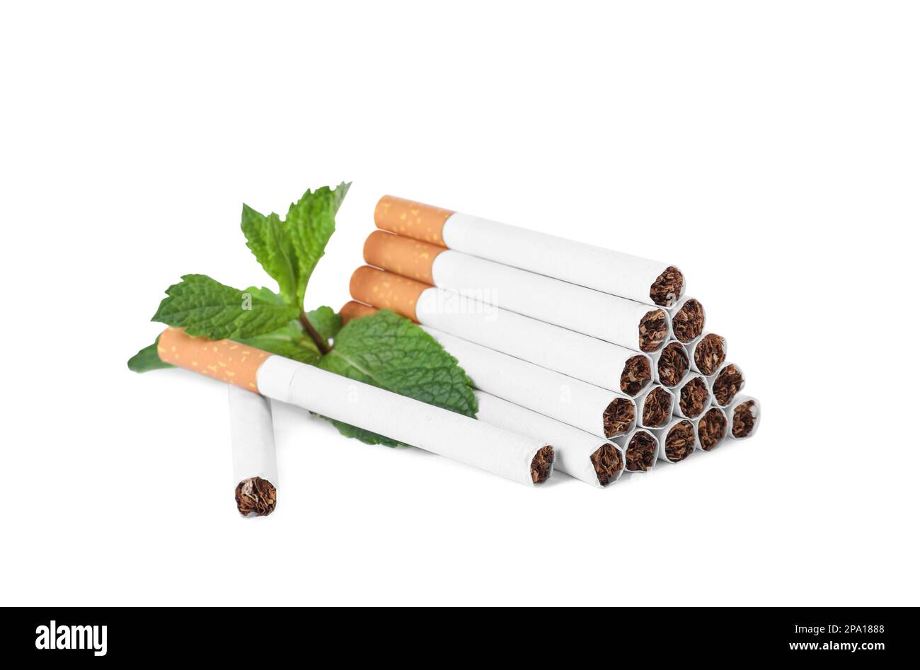 Menthol cigarettes and fresh mint leaves on white background Stock ...