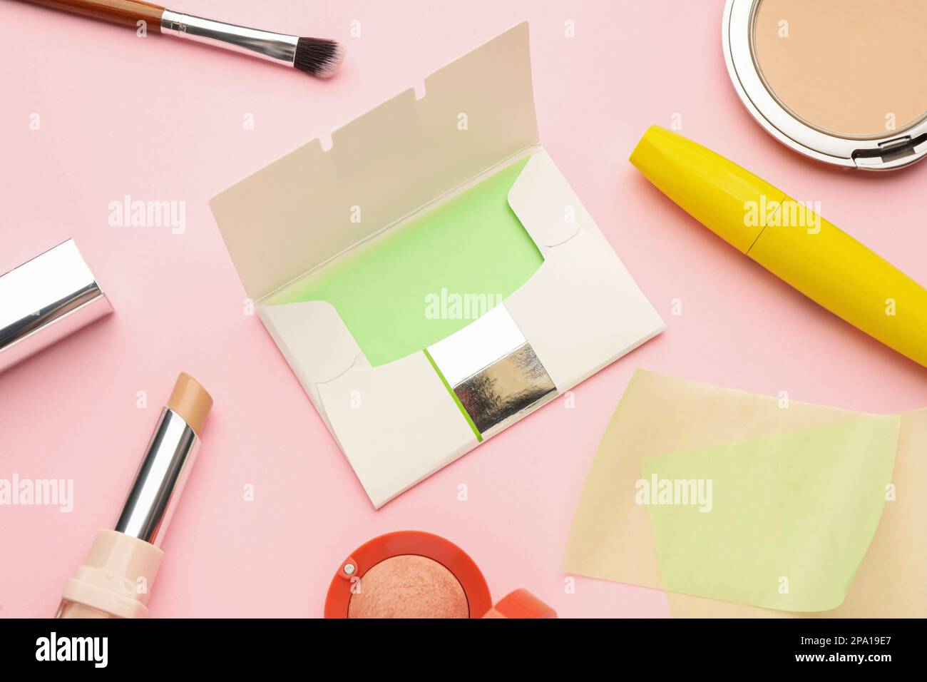 Flat lay composition with facial oil blotting tissues and makeup ...