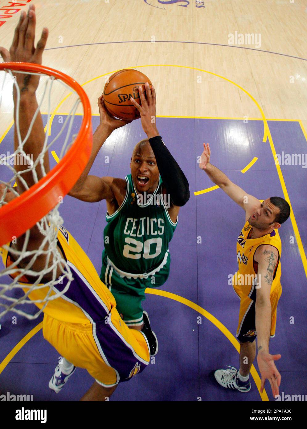 Boston Celtics guard Ray Allen (20) shoots as Los Angeles Lakers ...