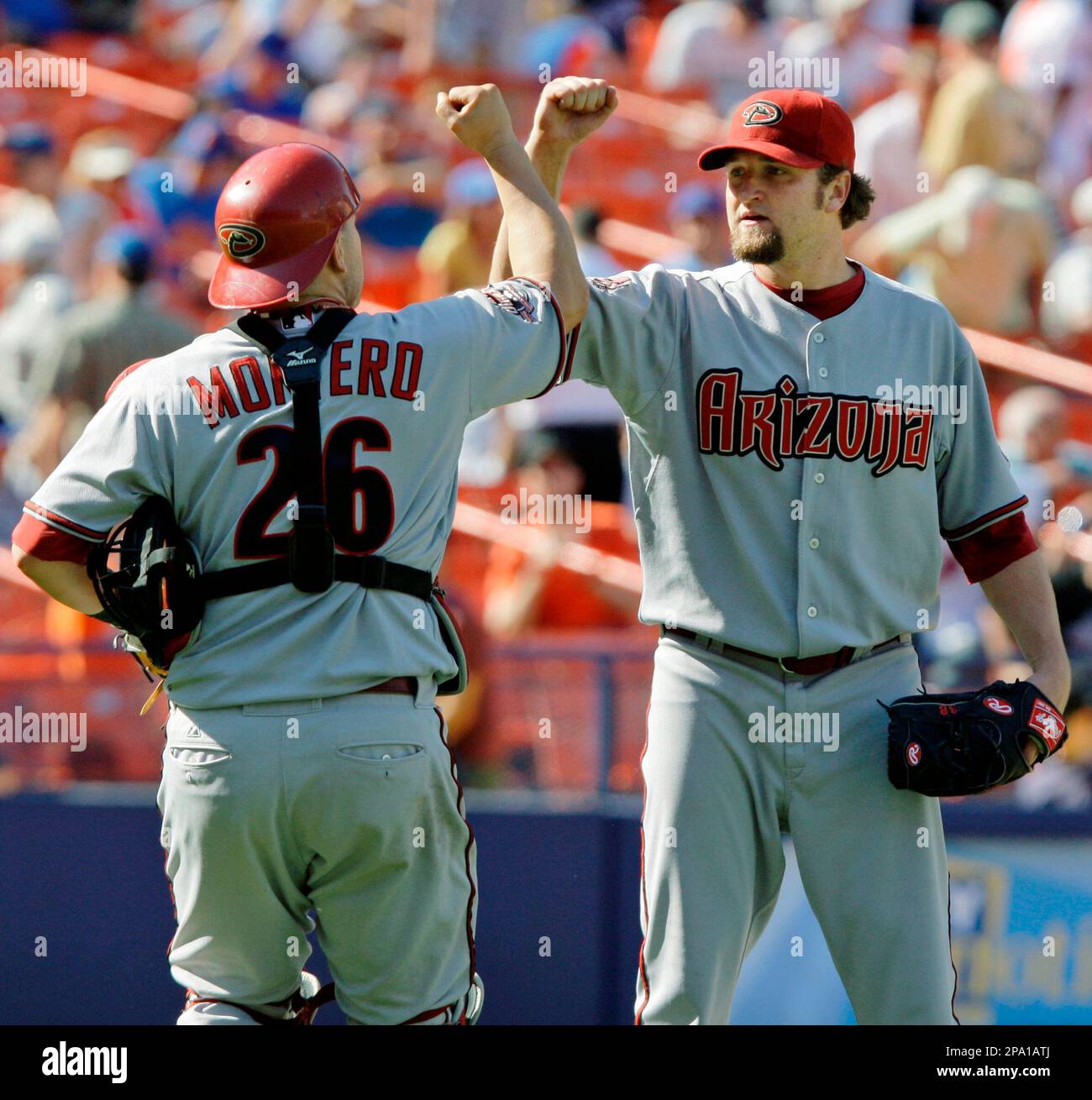 Arizona Diamondbacks winning pitcher Brandon Lyon, right, congratulates ...