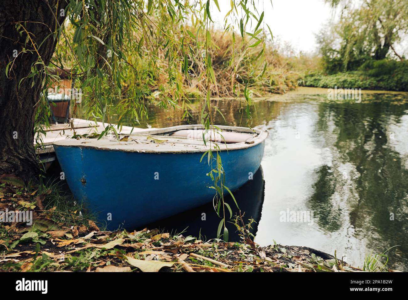Light blue wooden boat on lake near pier Stock Photo - Alamy