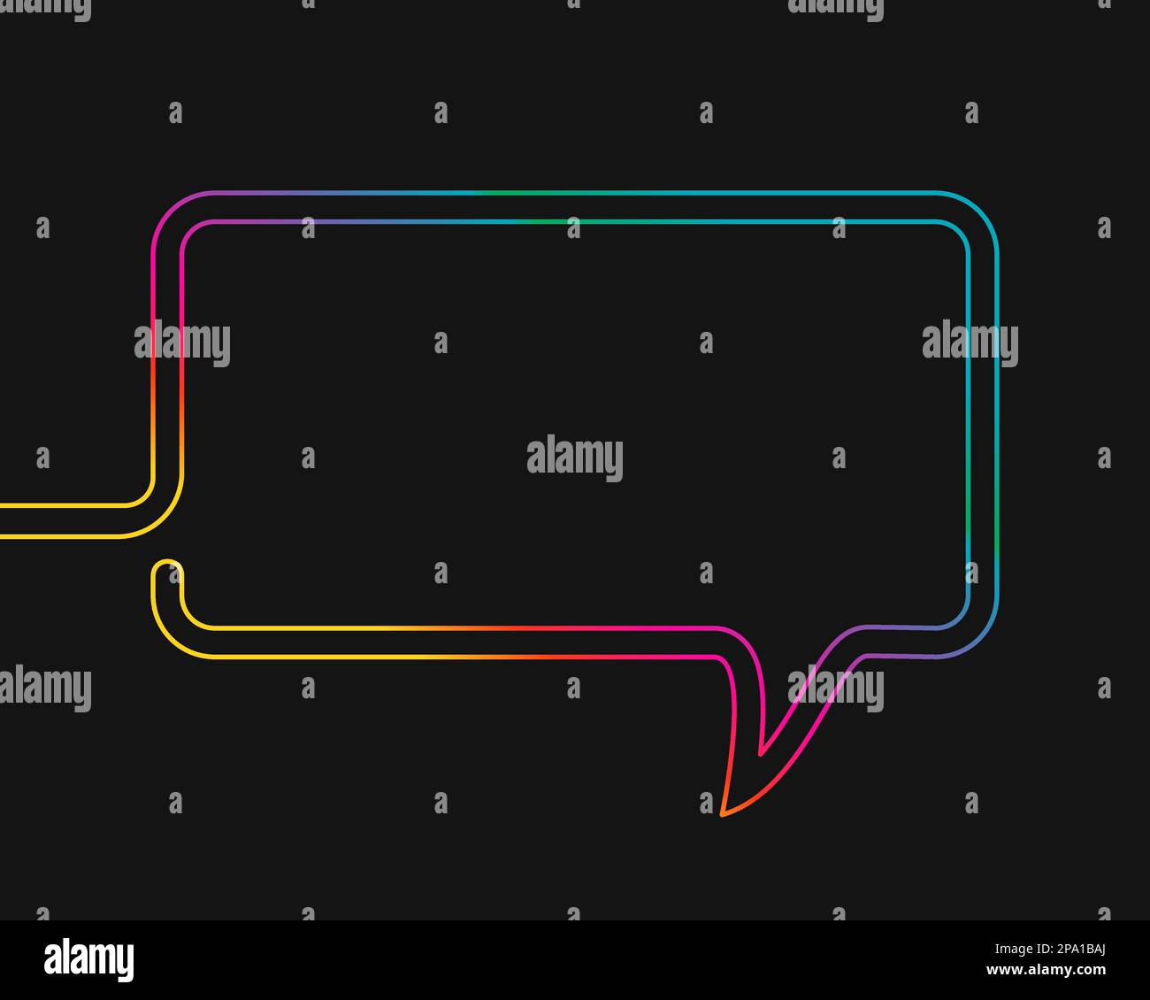 One line drawing of rectangular speech bubble, Rainbow colors on black background vector ...
