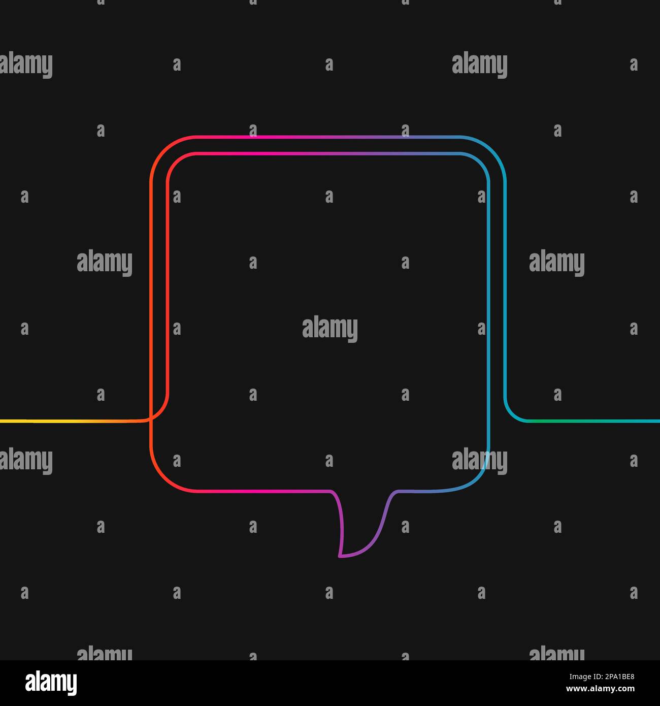 One line drawing of square speech bubble, Rainbow colors on black ...