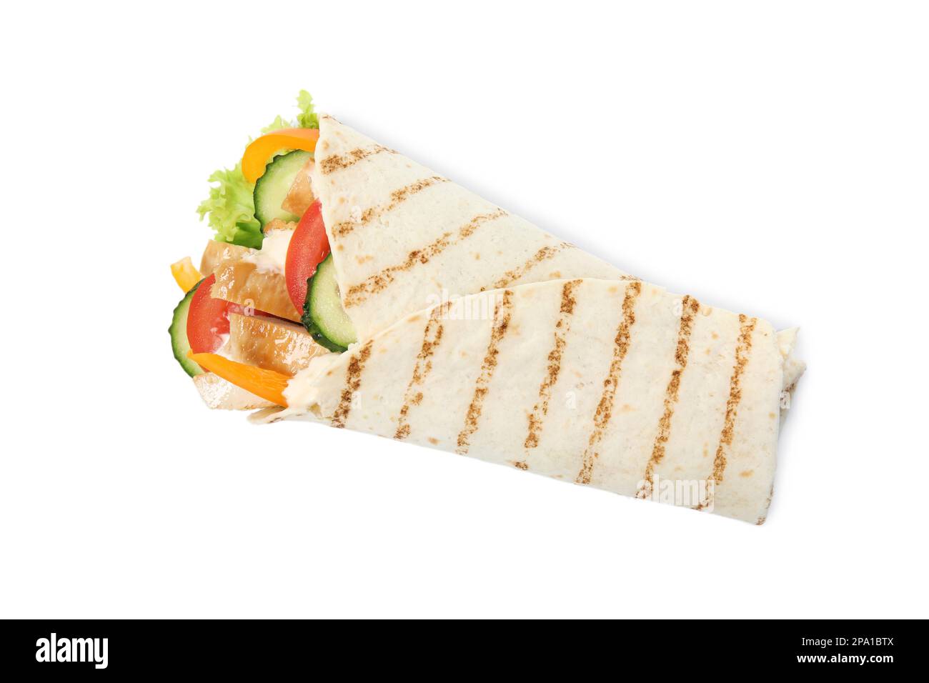 Tasty shawarma with chicken and vegetables isolated on white, top view ...