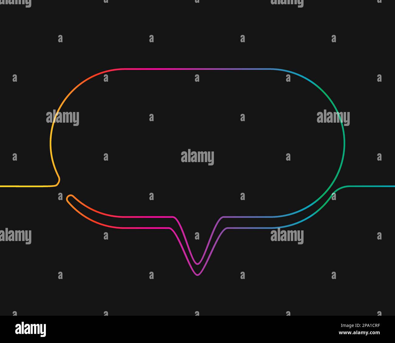 One line drawing of oval speech bubble, Rainbow colors on black background vector minimalistic ...
