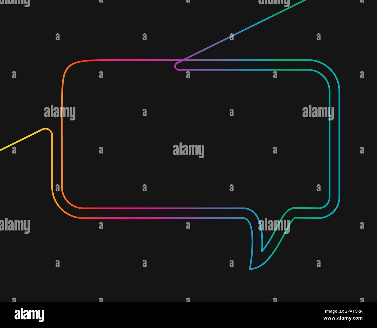 One line drawing of rectangular speech bubble, Rainbow colors on black background vector ...