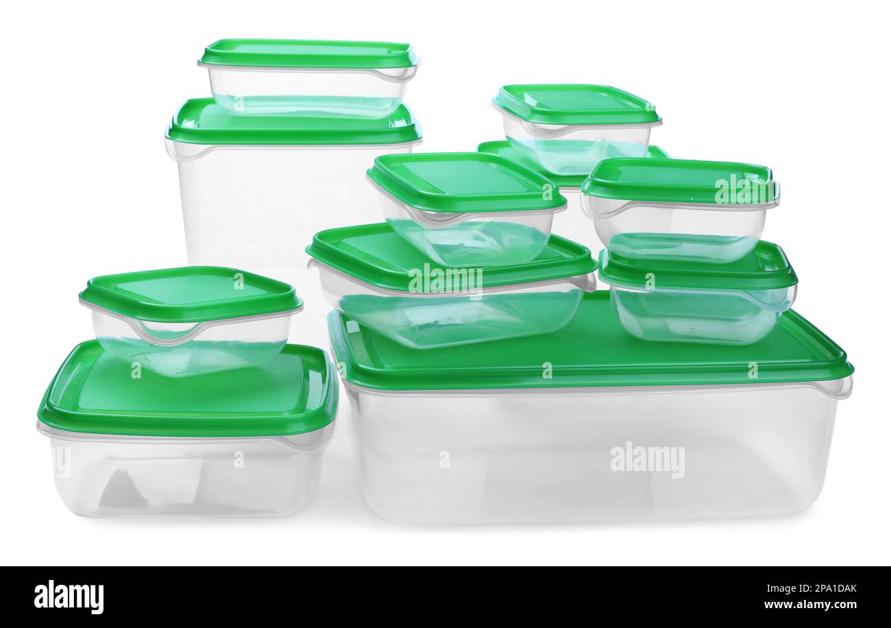 Set of empty plastic containers for food on white background Stock ...