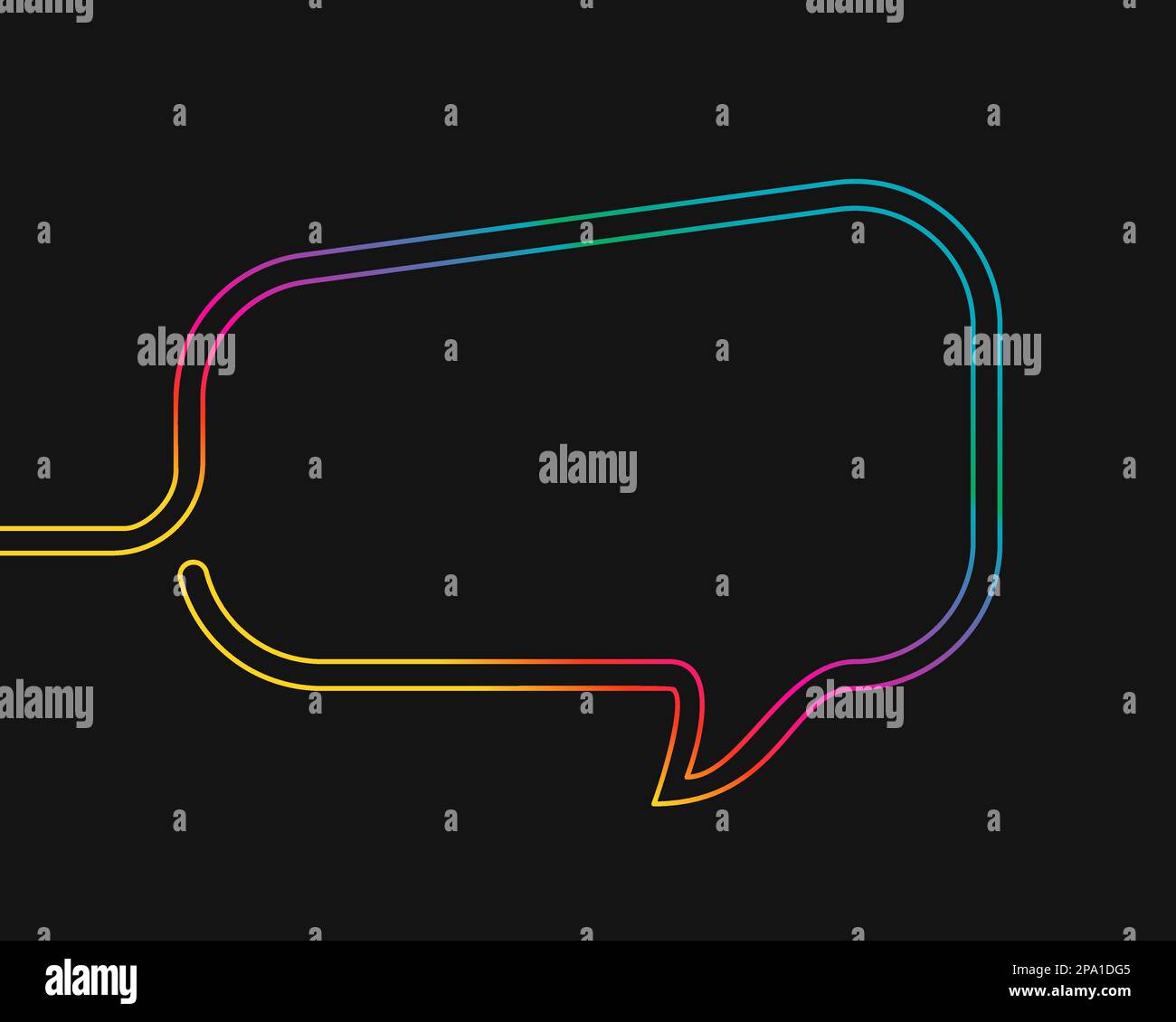 One line drawing of rectangular speech bubble, Rainbow colors on black background vector ...