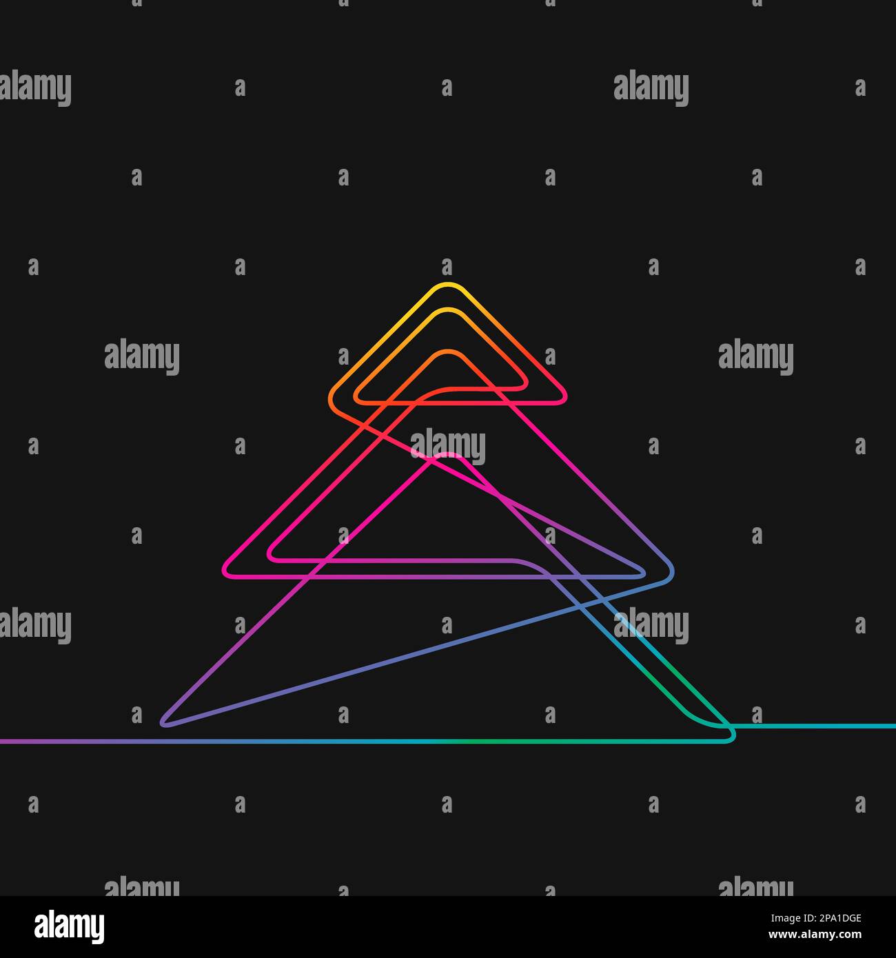 One line drawing of christmas tree, Rainbow colors on black background ...
