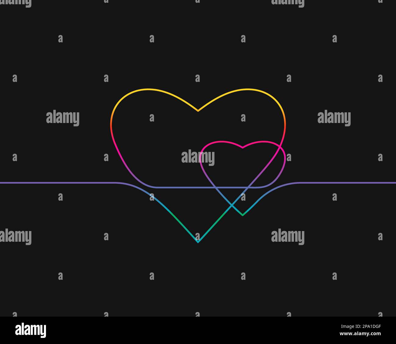 One line drawing of two hearts, Rainbow colors on black background ...