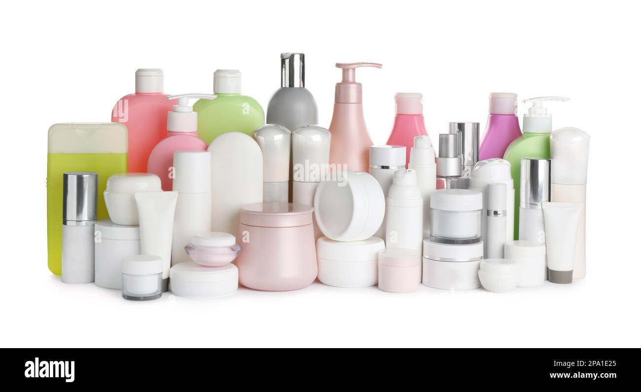 Many different cosmetic products on white background Stock Photo - Alamy