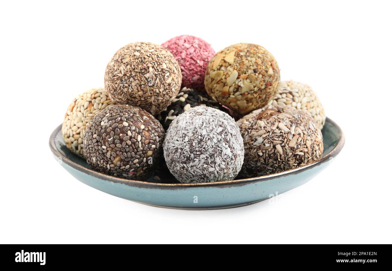 Different delicious vegan candy balls on white background Stock Photo ...