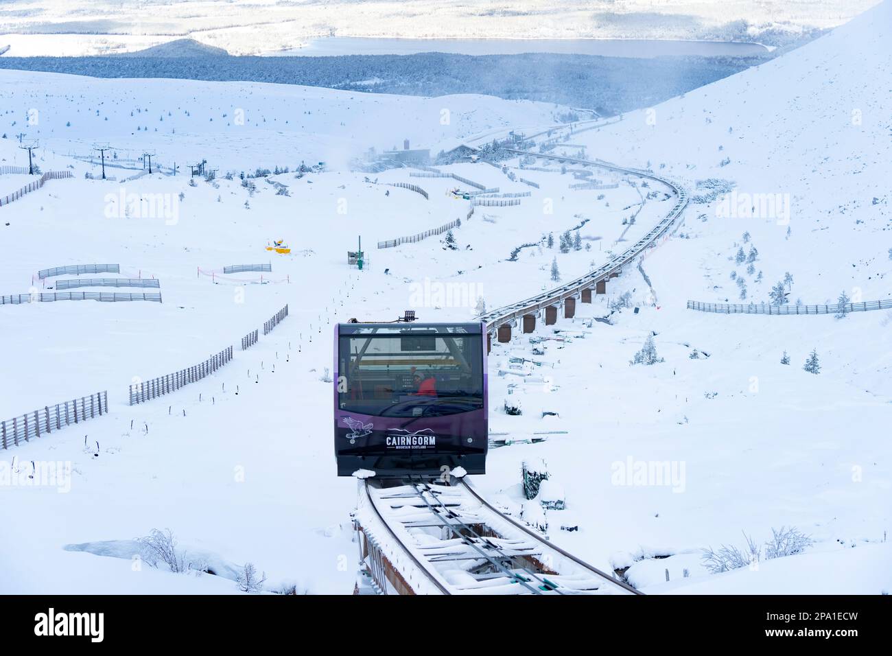 Cairngorm Mountain Railway funicular carries skiers up to ski slopes at ...