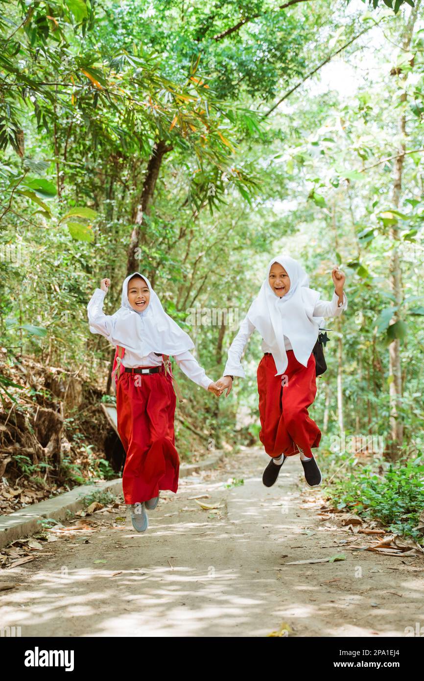 two female elementary students in uniform jumping happily Stock Photo ...