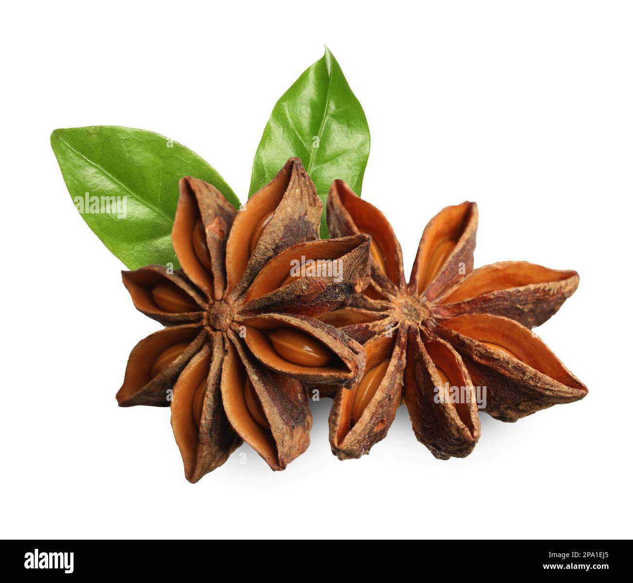 Aromatic dry anise stars and green leaves on white background Stock ...