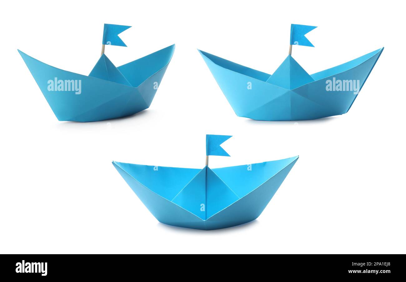 Light blue paper boats with flags on white background, collage Stock ...