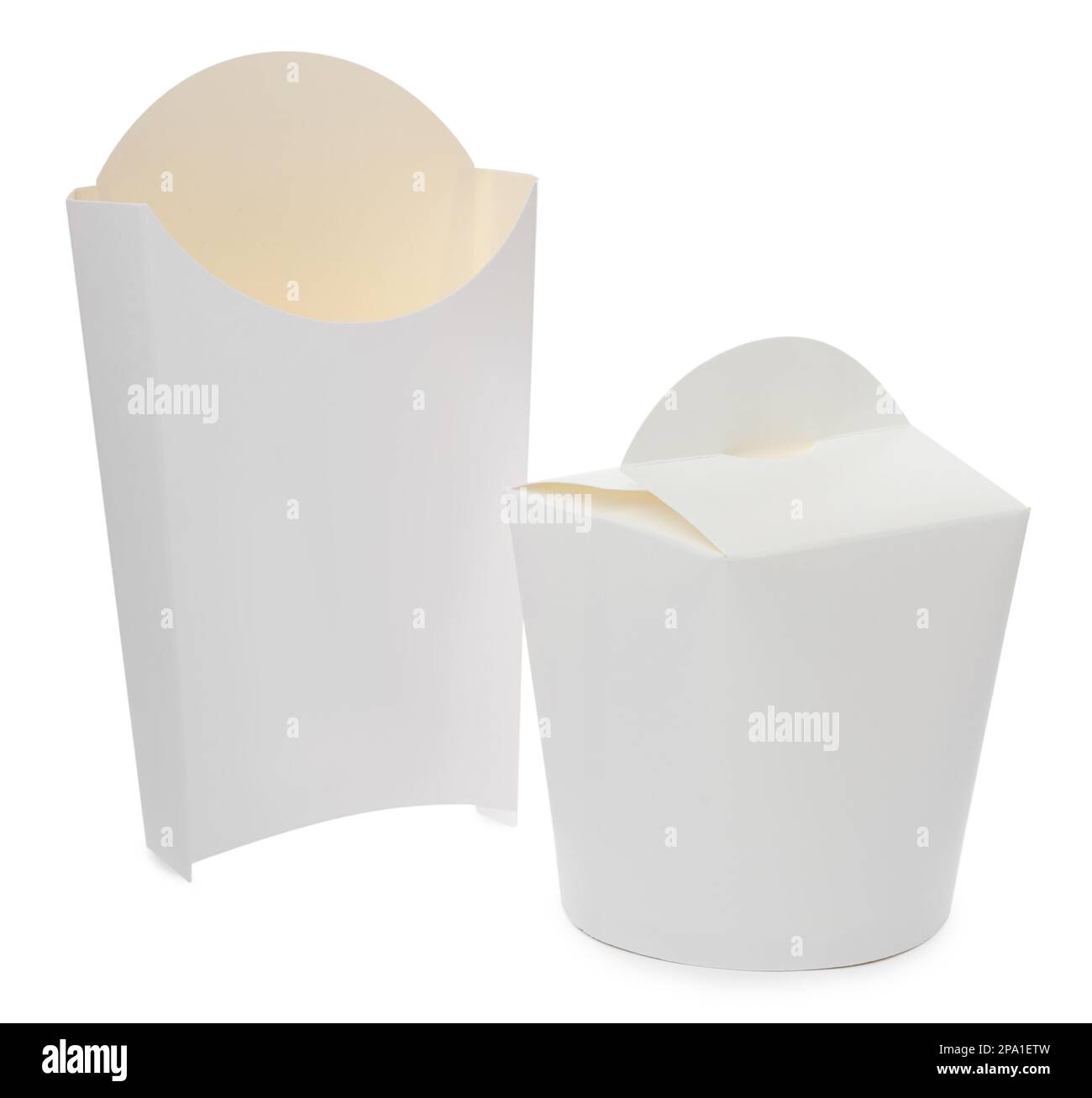 Empty paper bag and box on white background. Containers for food Stock ...