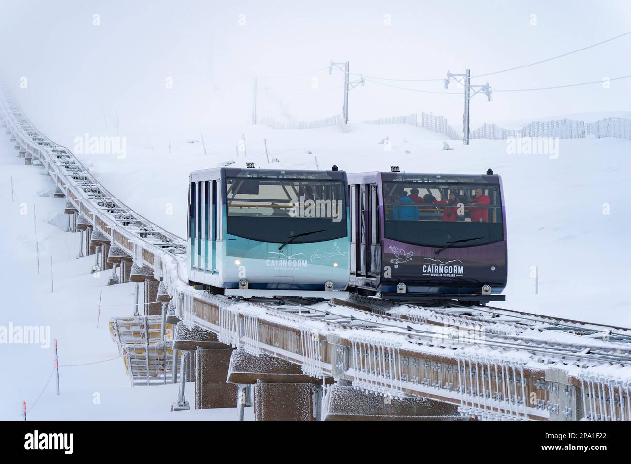 Cairngorm Mountain Railway funicular carries skiers up to ski slopes at ...