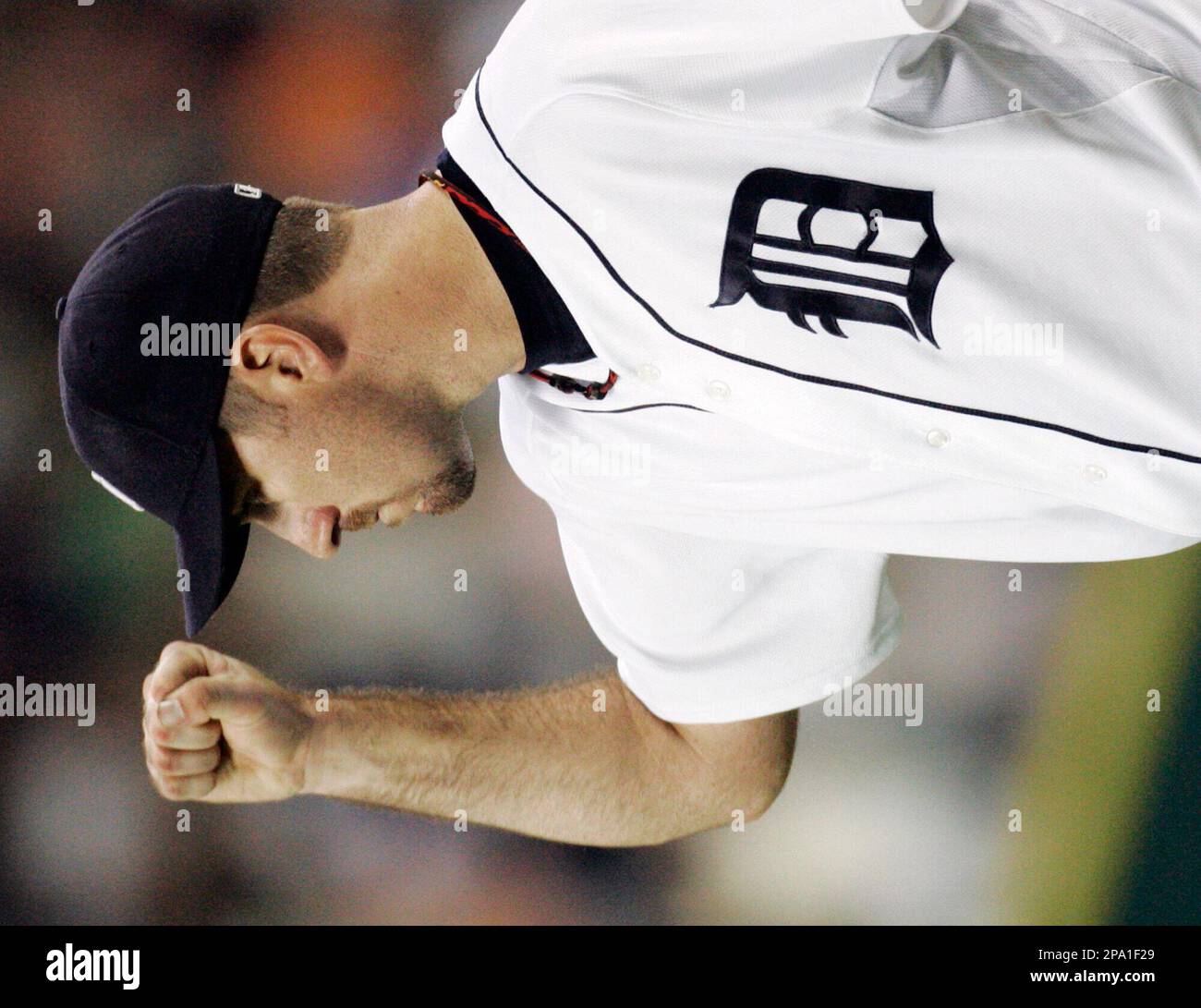 Detroit Tigers pitcher Justin Verlander pumps his fist after pitching a ...