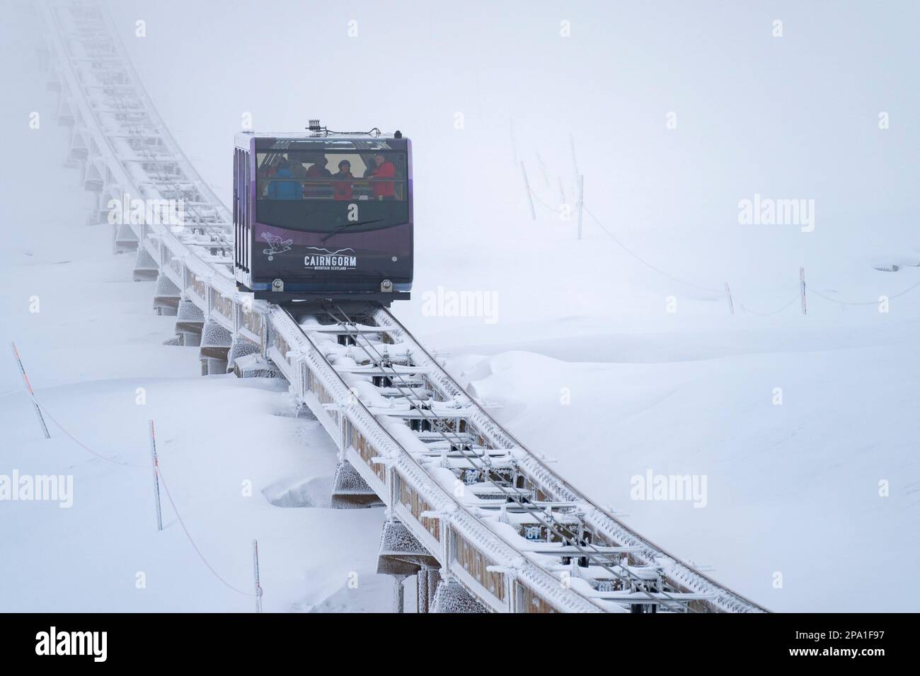 Cairngorm Mountain Railway funicular carries skiers up to ski slopes at ...