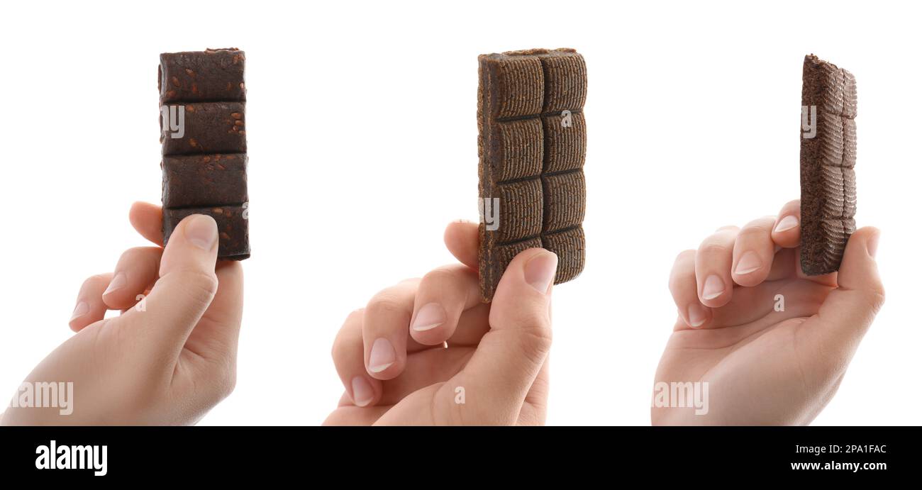 Collage with photos of women holding hematogen bars on white background ...