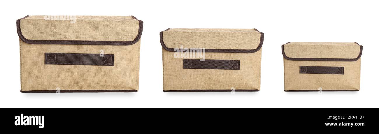 Set with textile storage cases on white background. Banner design Stock ...
