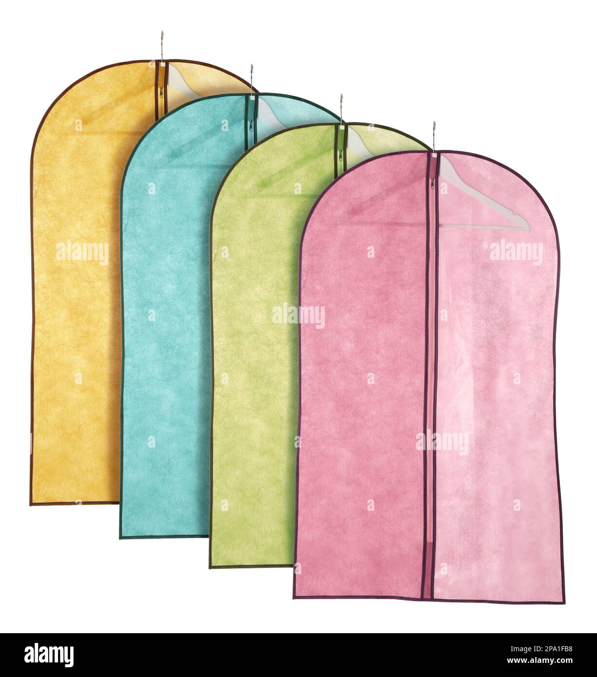 Set with different garment bags for clothes on white background Stock ...