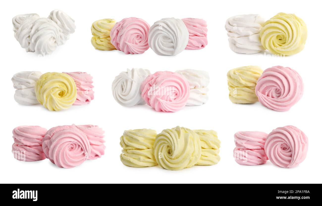 Set with different tasty zephyrs on white background Stock Photo - Alamy