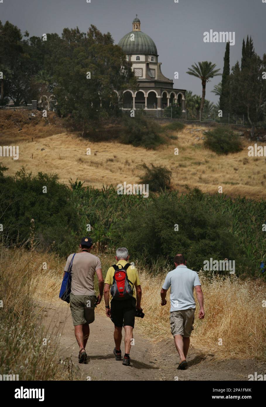Austrian hikers climb the Jesus Trail toward a church on the Mount of ...