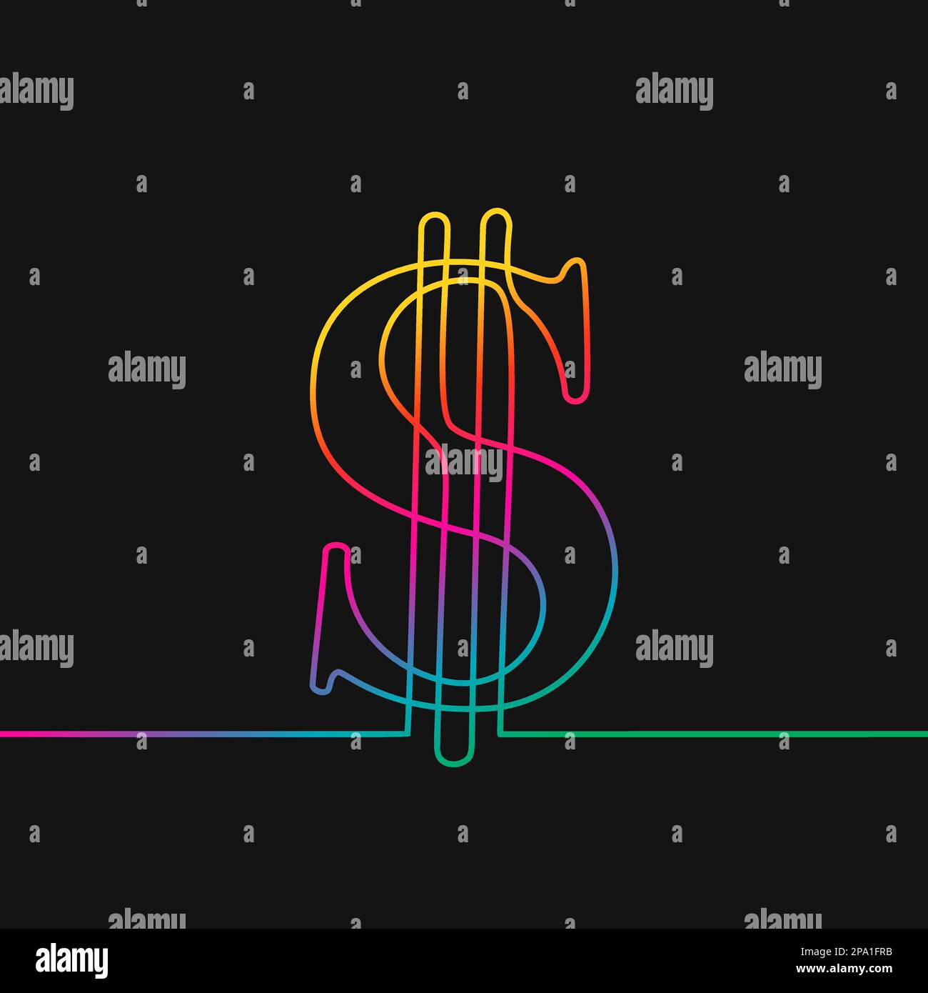 One line drawing of dollar sign, Rainbow colors on black background ...