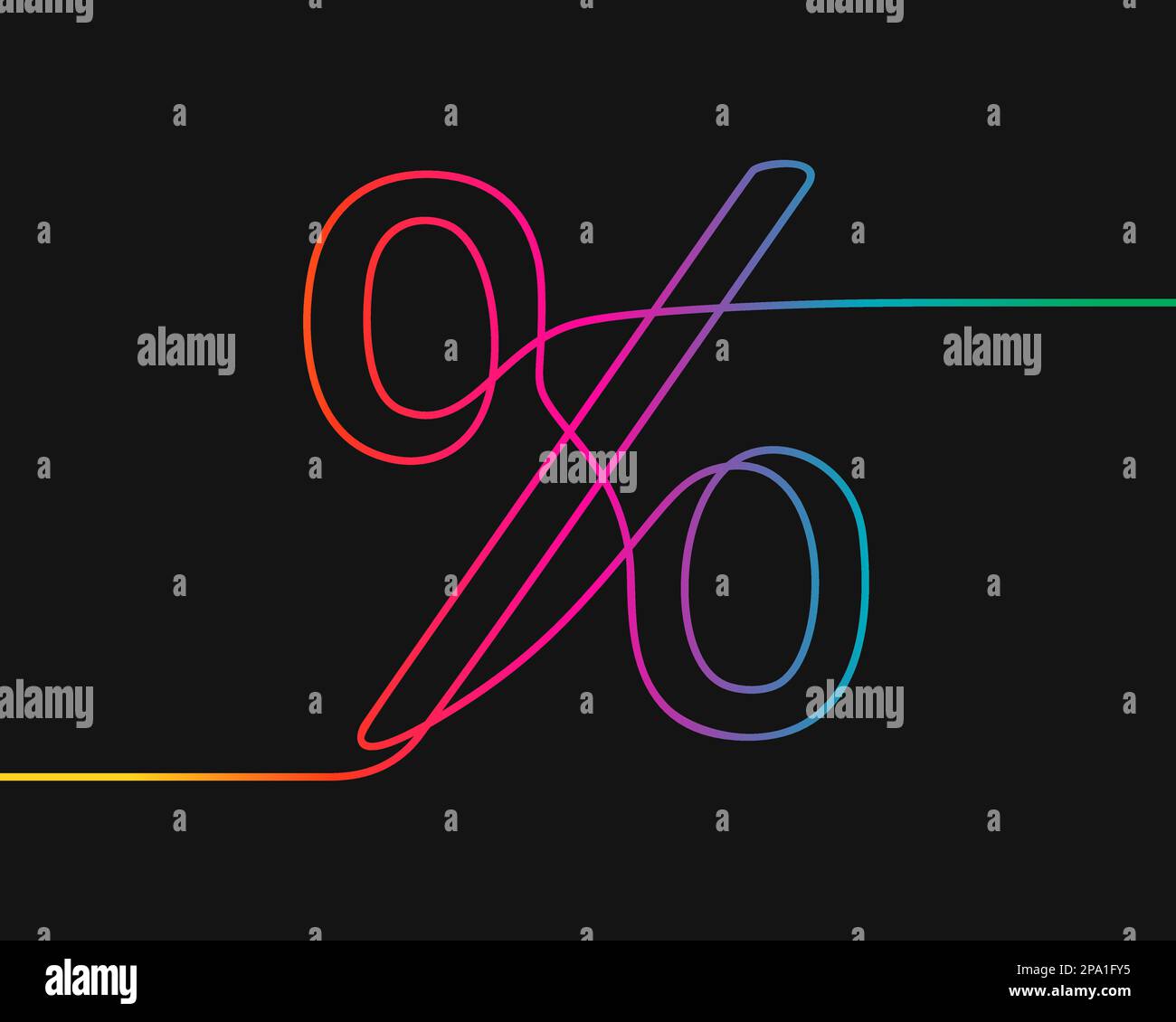 One line drawing of percent sign, Rainbow colors on black background ...