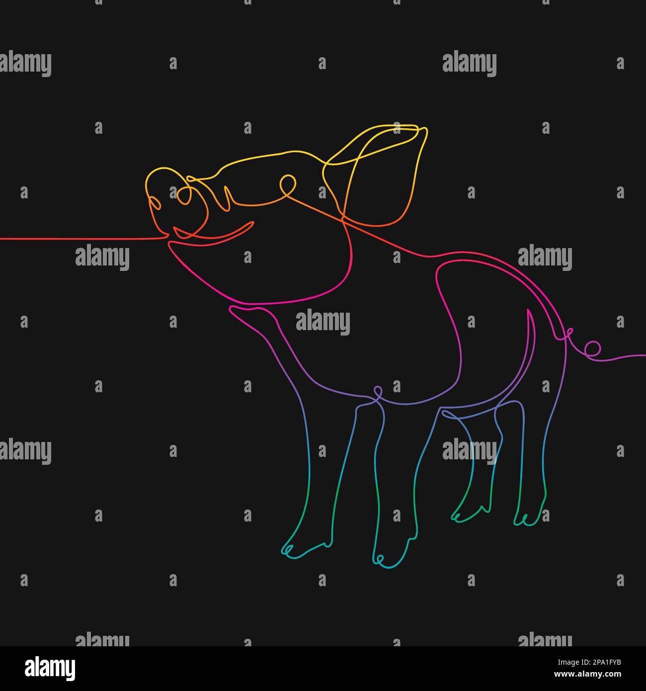 One line drawing of pig, Rainbow colors on black background vector ...