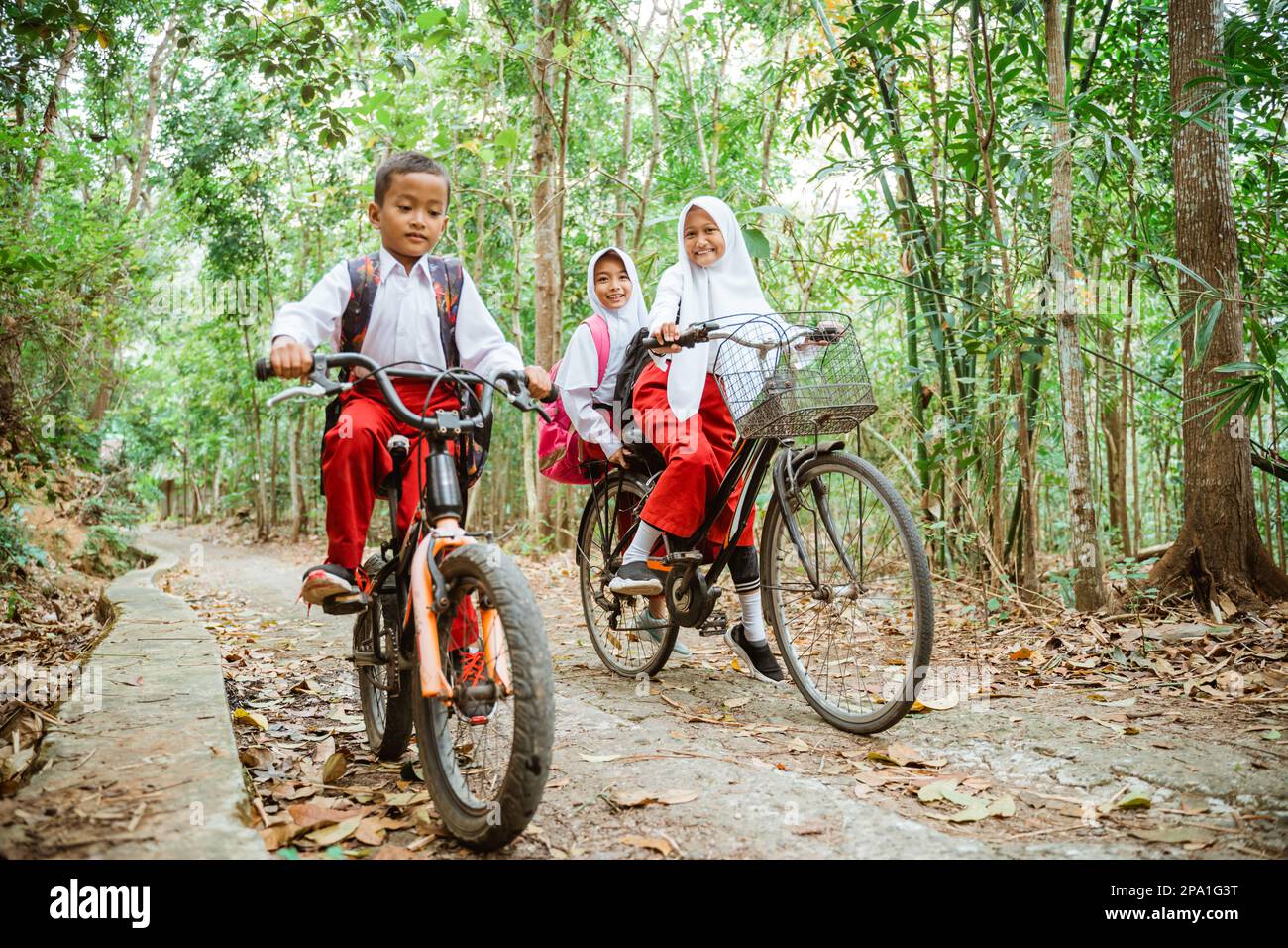 three elementary students in uniform riding bike together to school ...