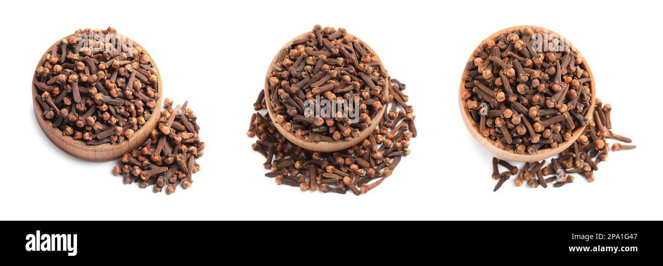 Set with aromatic dried cloves on white background, top view. Banner ...