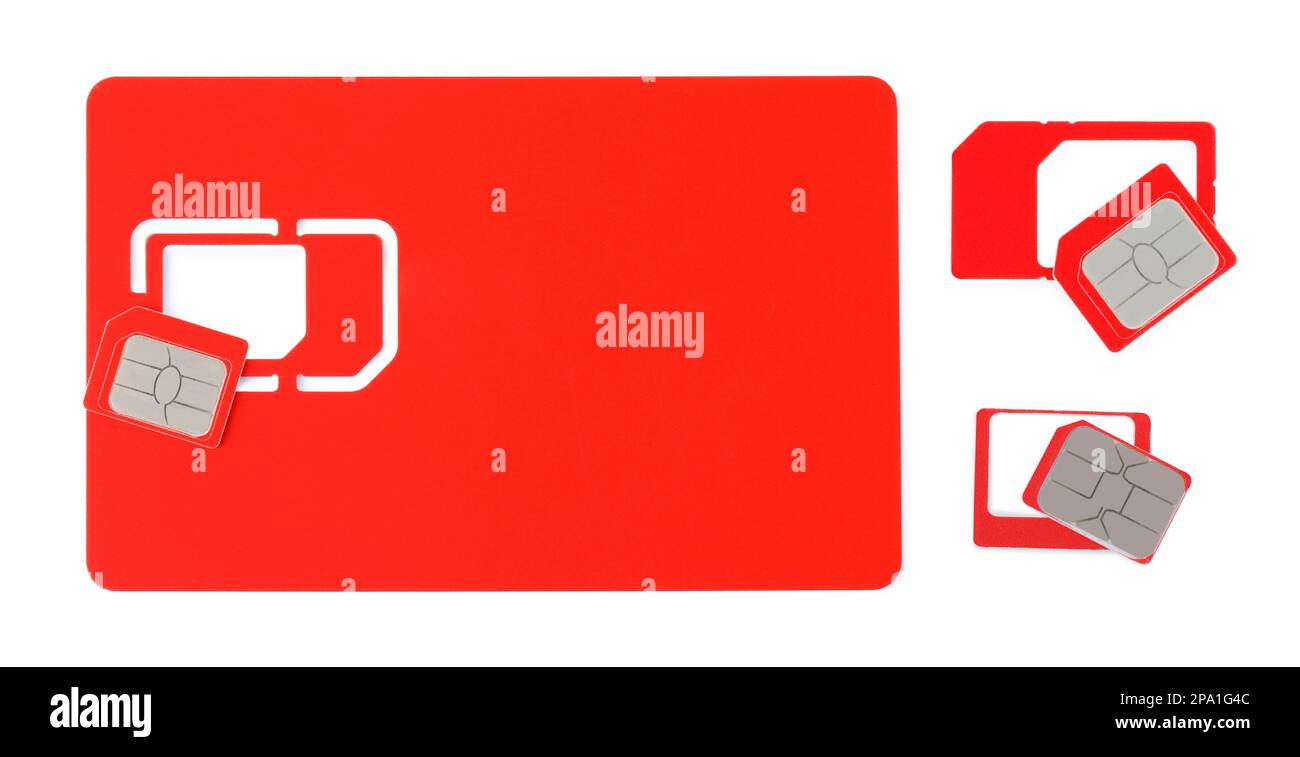 Set with red SIM cards on white background, top view. Banner design ...