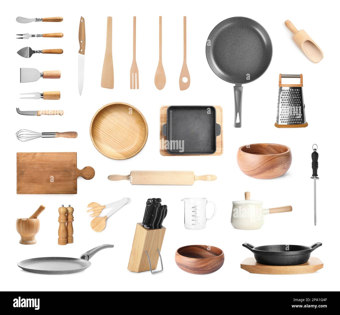 Set with different kitchenware on white background Stock Photo - Alamy