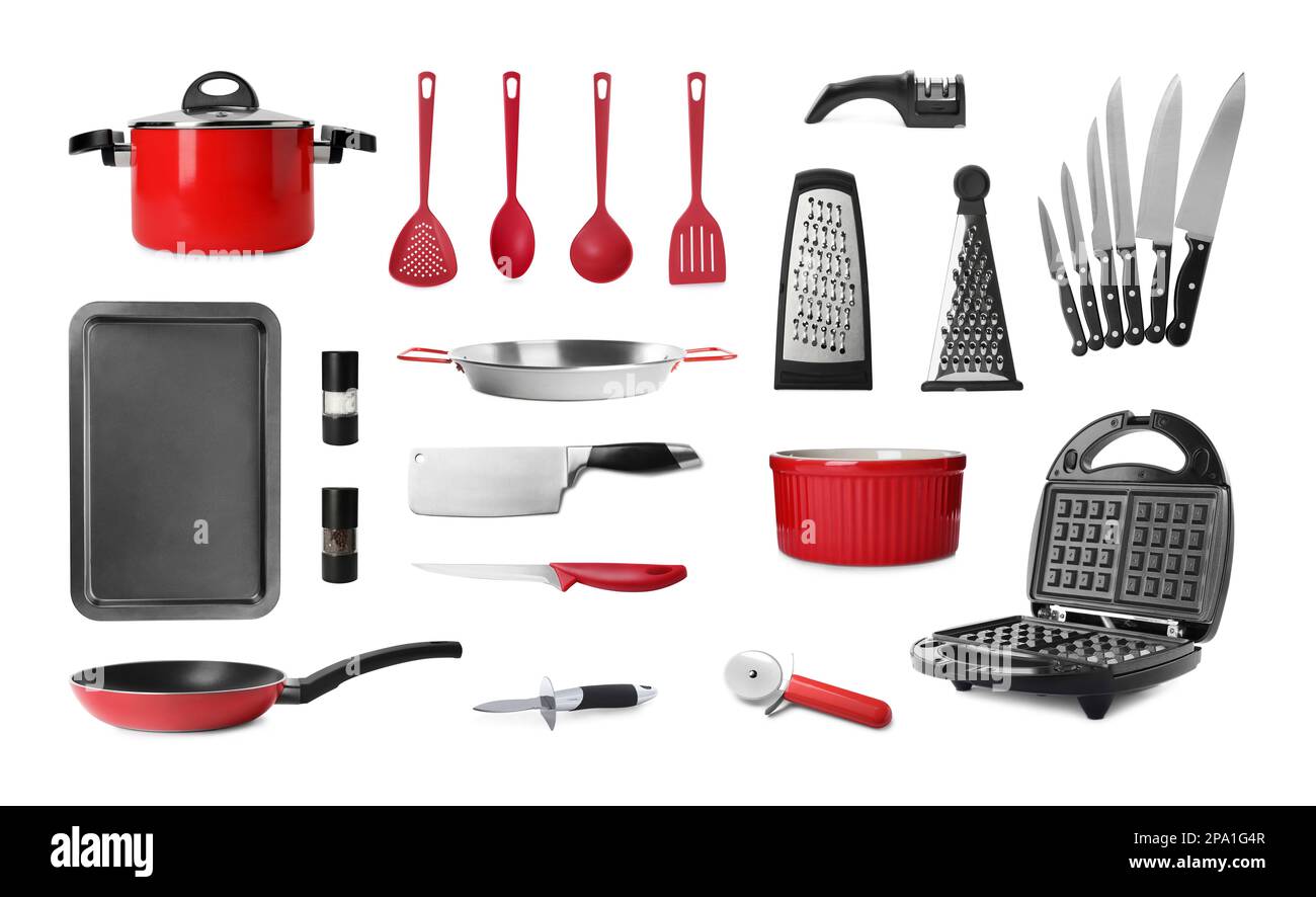 Set with different kitchenware on white background Stock Photo - Alamy