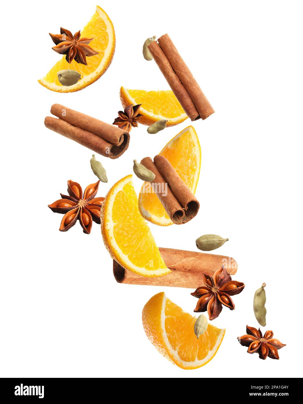 Pieces of fresh orange, aromatic anise stars, cinnamon and cardamom ...