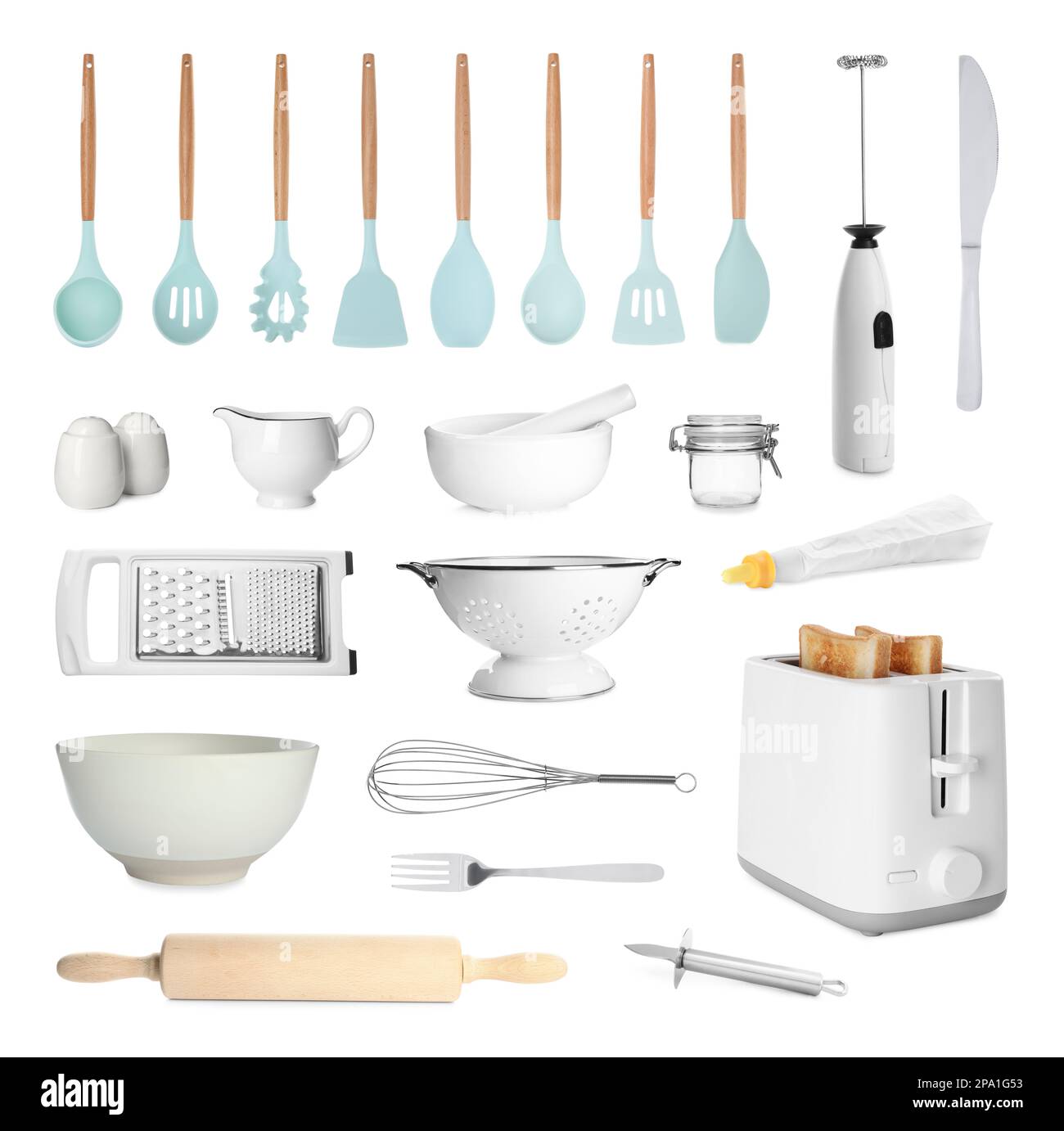 Set with different kitchenware on white background Stock Photo - Alamy