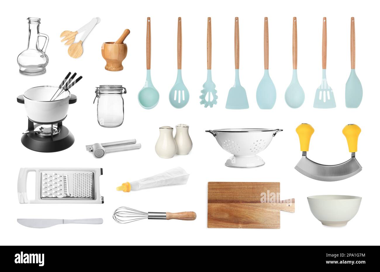 Set with different kitchenware on white background Stock Photo - Alamy