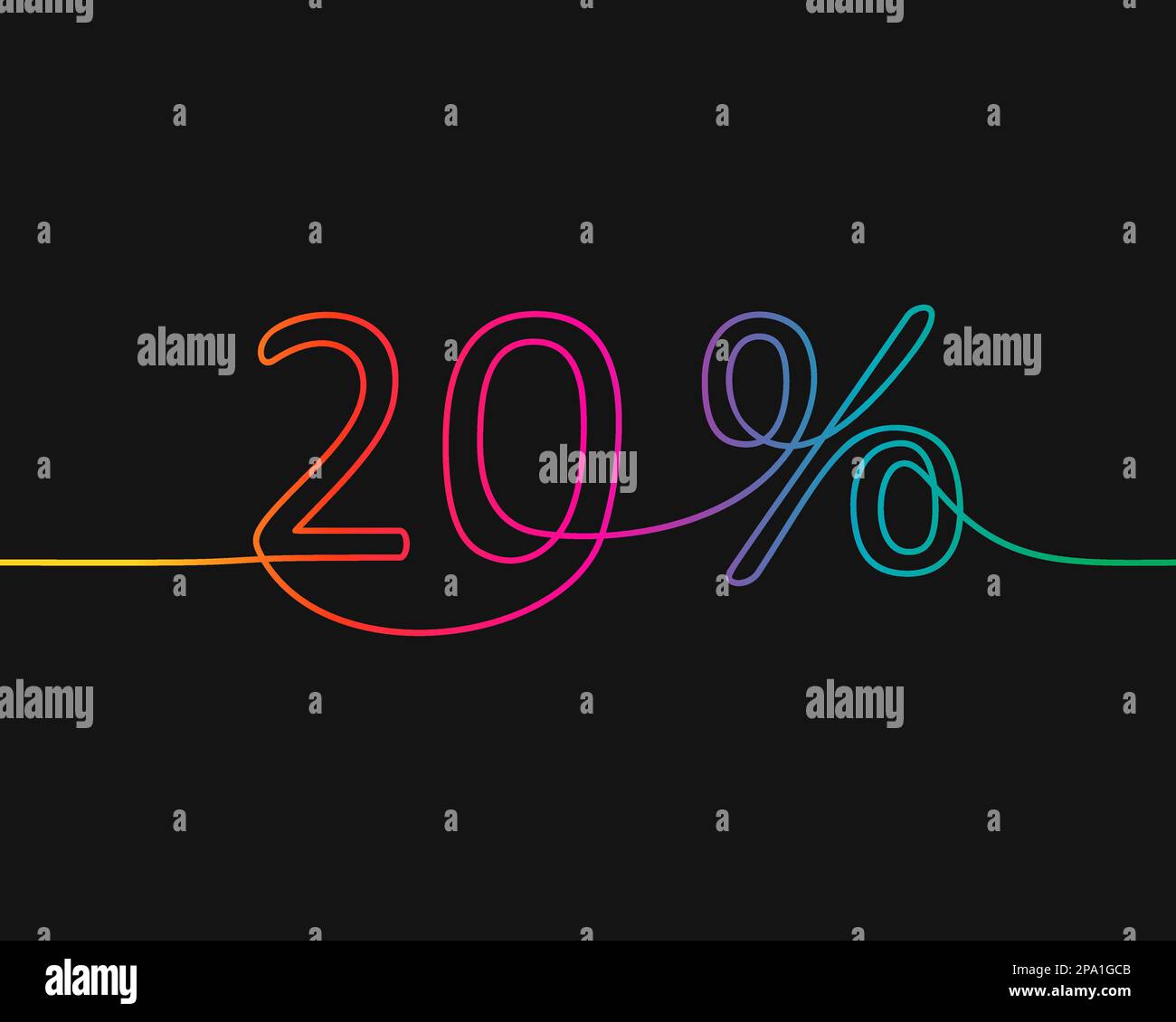 One line drawing of 20 percent discount, Rainbow colors on black ...