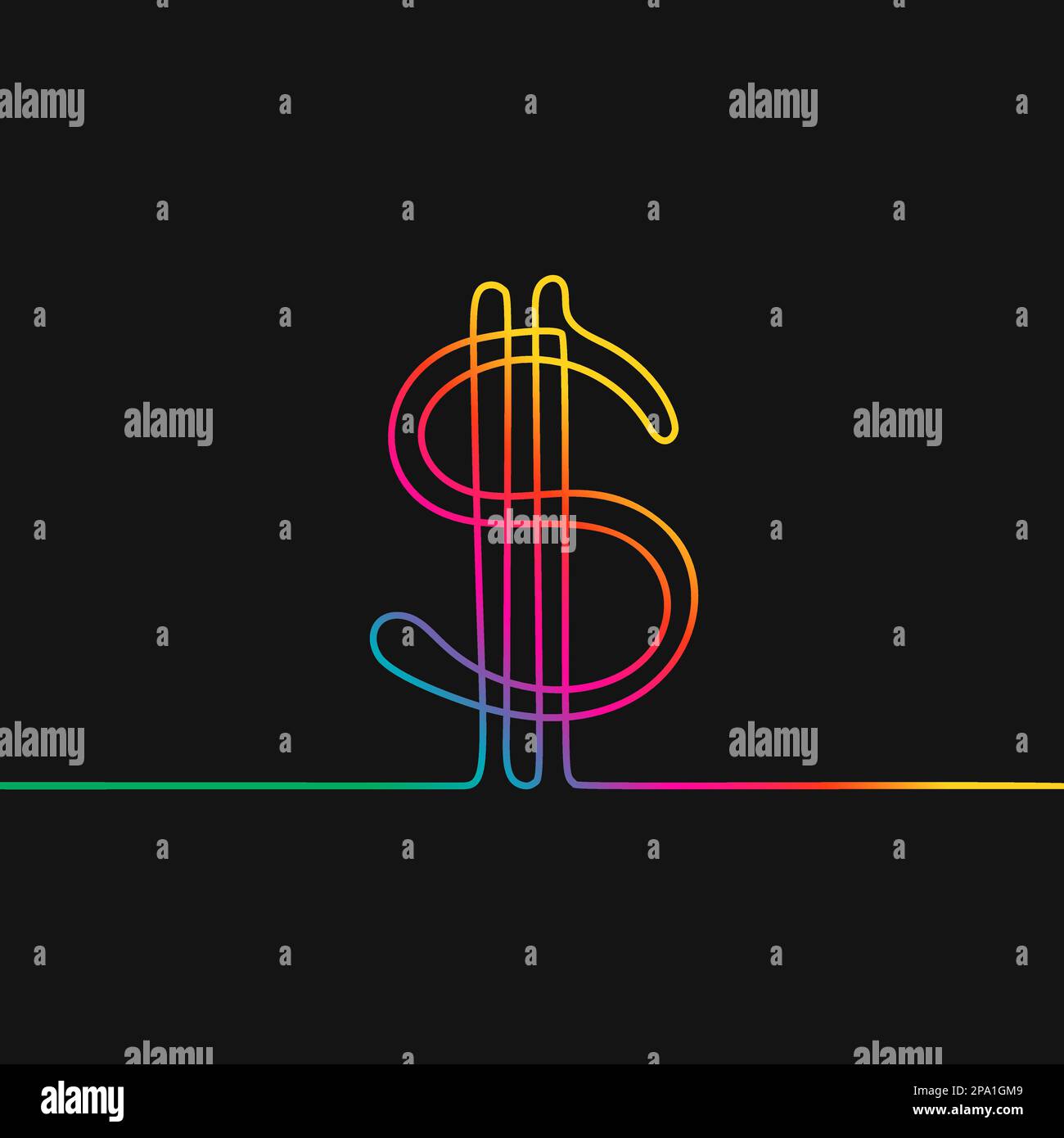 One line drawing of dollar sign, Rainbow colors on black background ...
