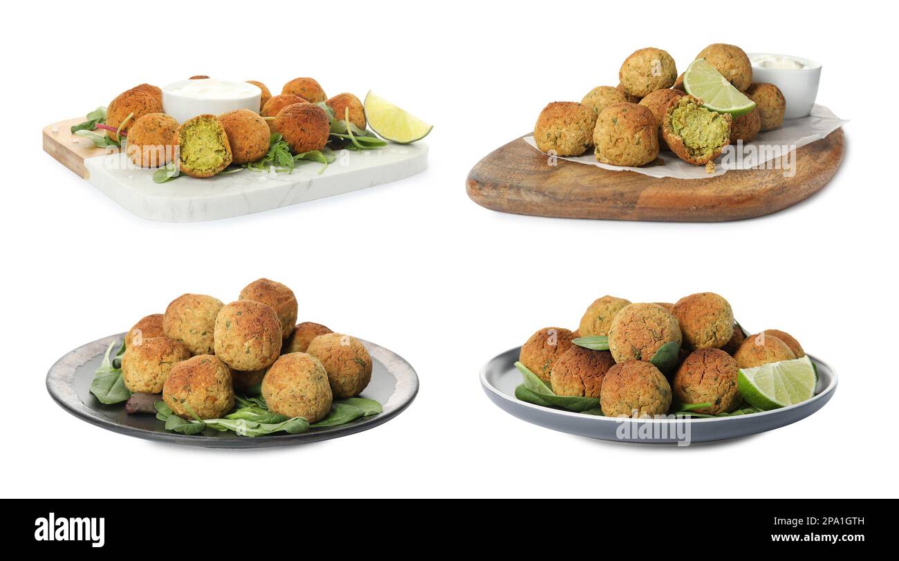 Set with delicious deep fried falafel balls on white background Stock ...